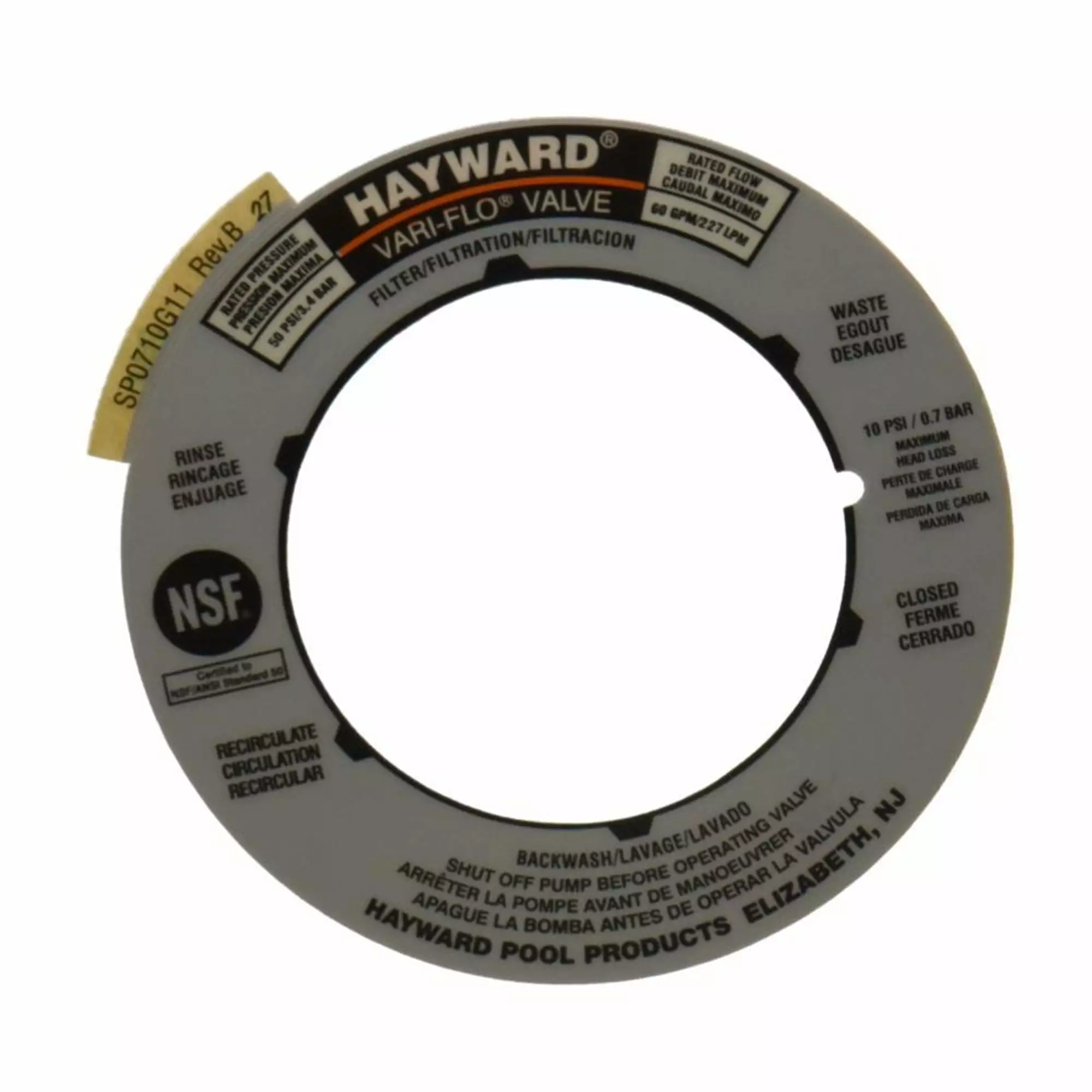 Hayward SPX0710G Mulitport & Pool Sand Filter Valve Label Plate ...